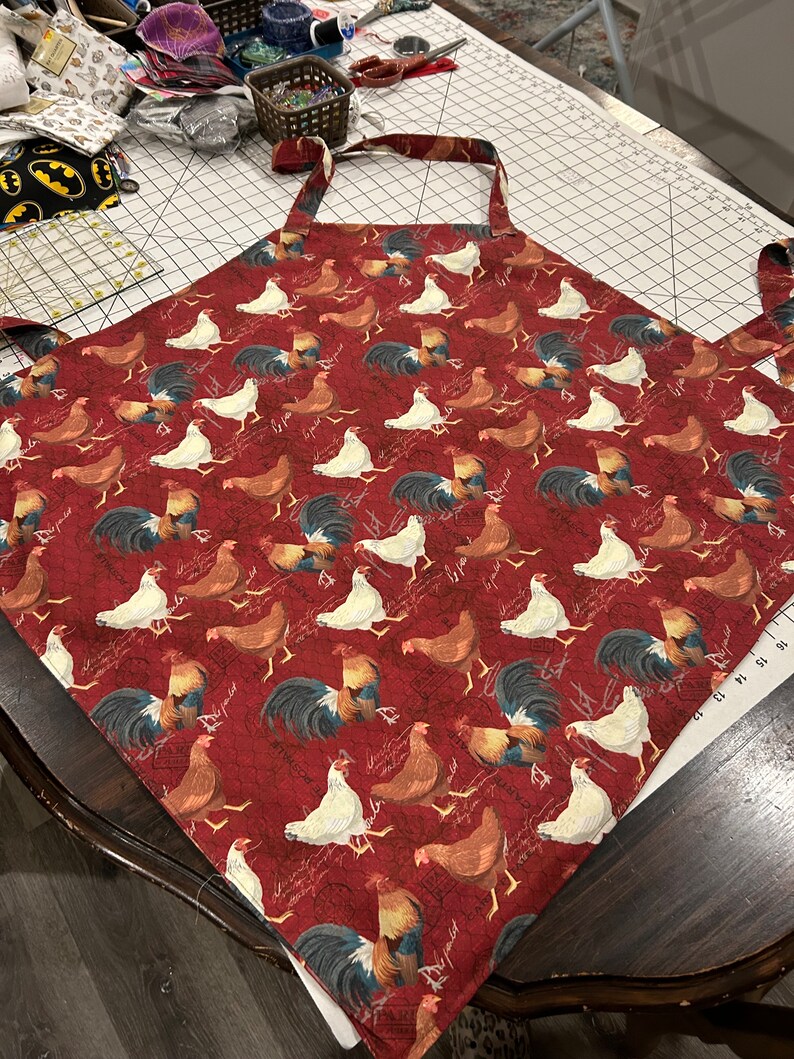 Women's Apron, Four Corners Apron, Chickens Red White, Green and Floral ...