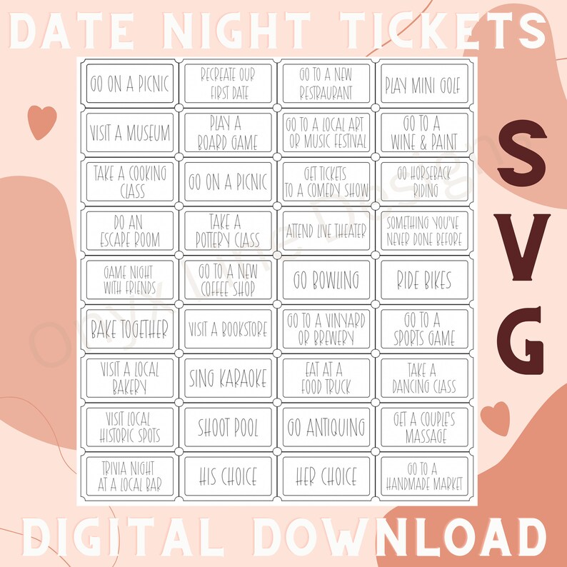 Date Night Tokens Svg Single Line Score, Couple Date Night File, Date ...