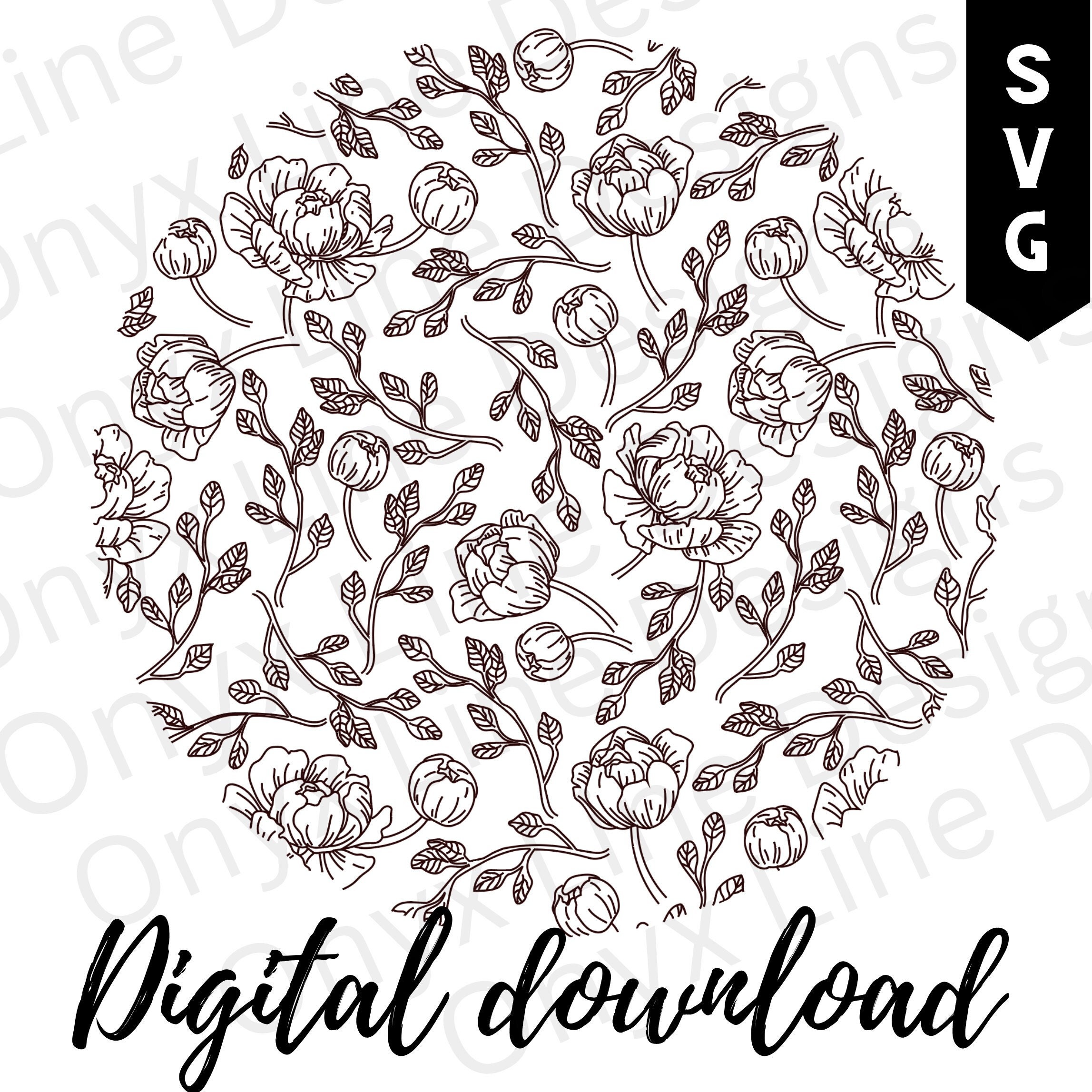 Peonies Floral Round Single Line Design SVG Flower Design Art Pattern ...
