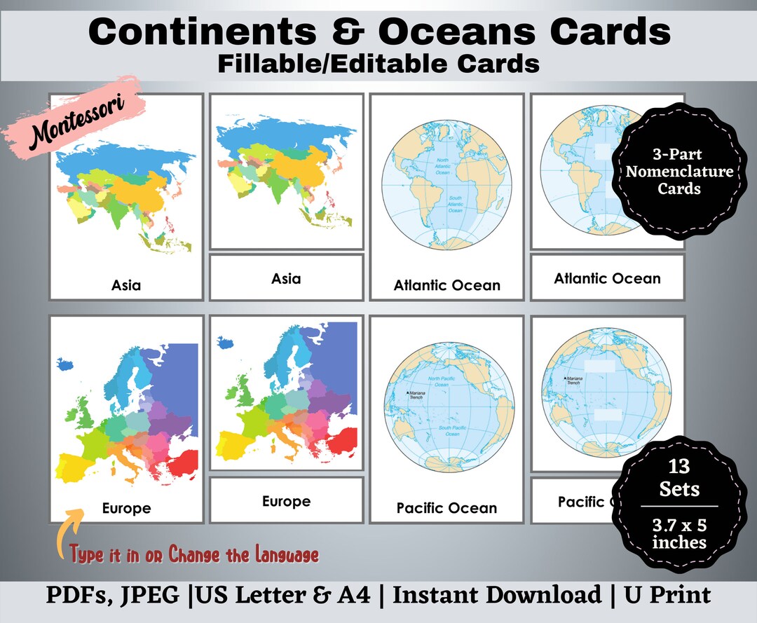 Continents and Oceans Montessori Cards: Printable Geography Flashcards ...