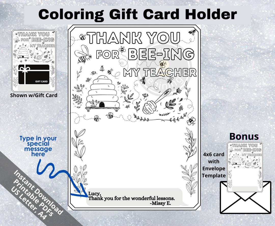 Thank You Coloring Gift Card Holder, PRINTABLE Teacher Thank You Gift ...