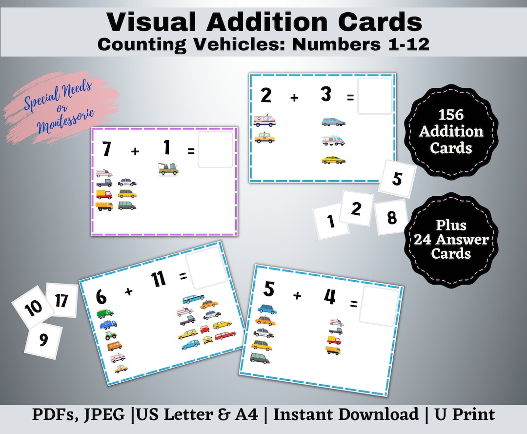 Visual Addition Flash Cards PRINTABLE, Motor Vehicles, Add up to 12 ...