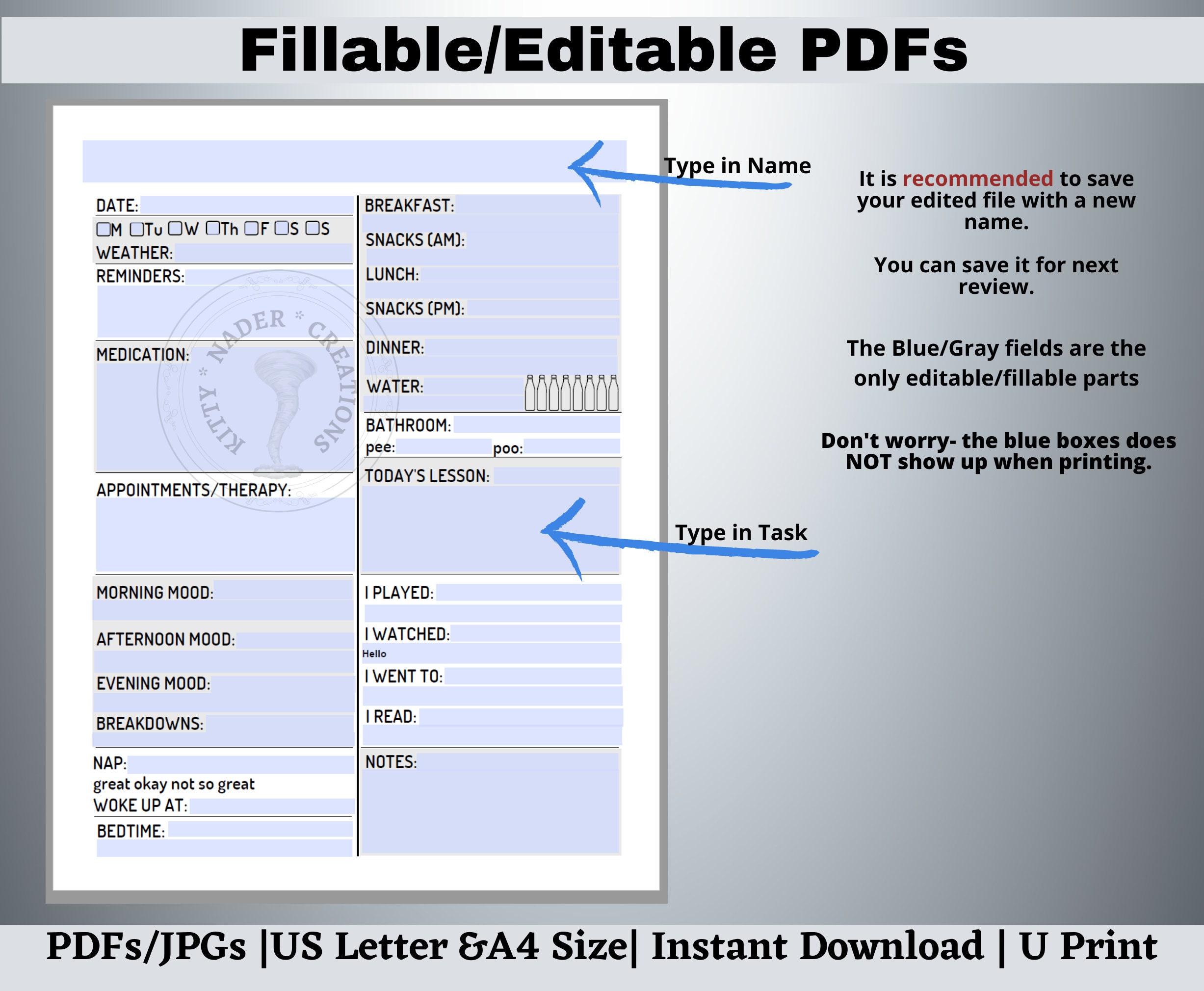 Autism Daily Care Notes PRINTABLE Reusable Caretaker Tracker Care ...