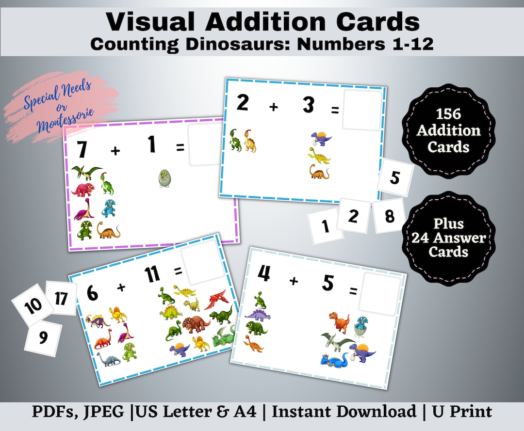Visual Addition Flash Cards PRINTABLE, Dinosaurs, Add up to 12, Visual ...