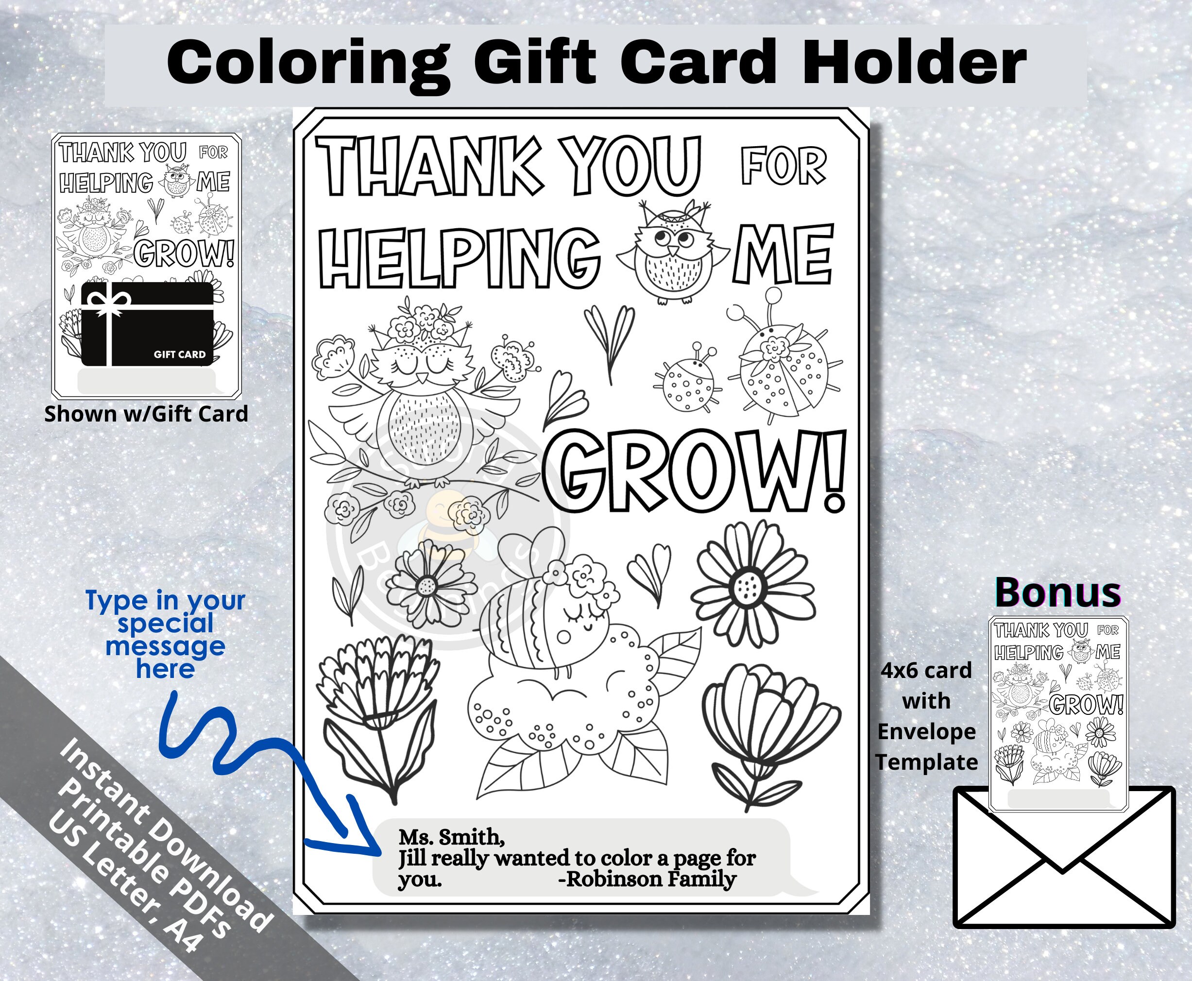 Thank You Coloring Gift Card Holder, PRINTABLE Teacher Thank You Gift ...