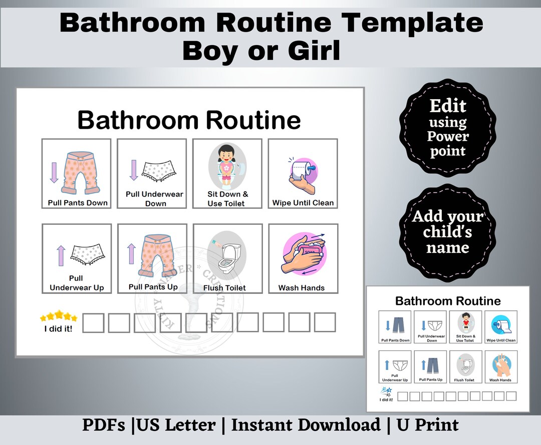 Bathroom Routine Reward Chart for Boy Girl Kids, Personalize PRINTABLE ...