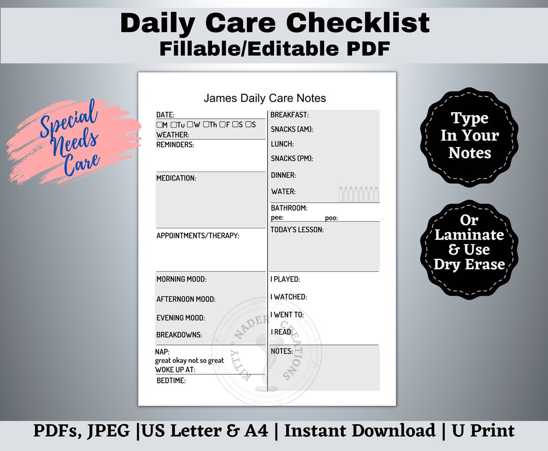 Autism Daily Care Notes PRINTABLE Reusable Caretaker Tracker Care ...