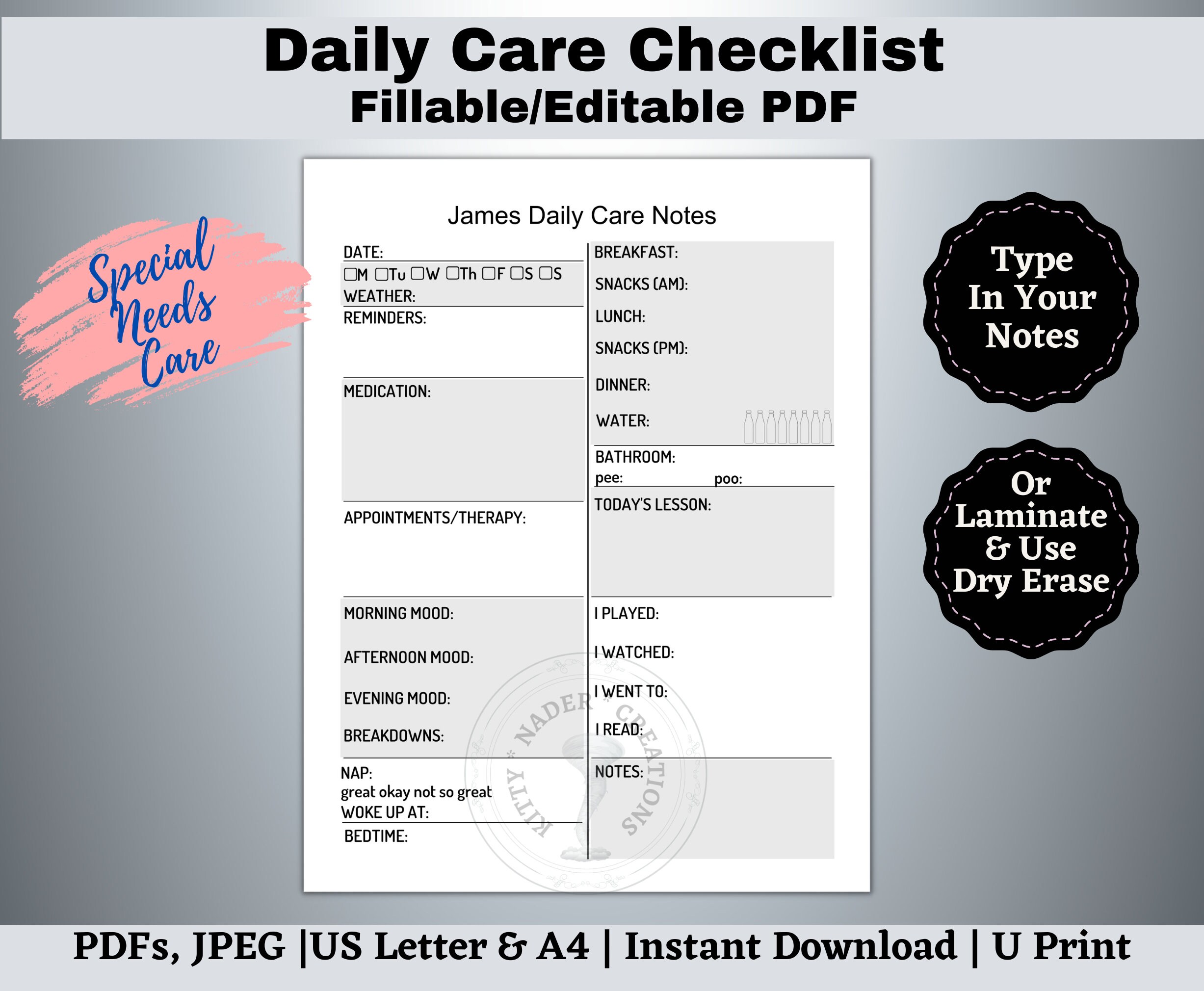 Autism Daily Care Notes PRINTABLE Reusable Caretaker Tracker Care ...