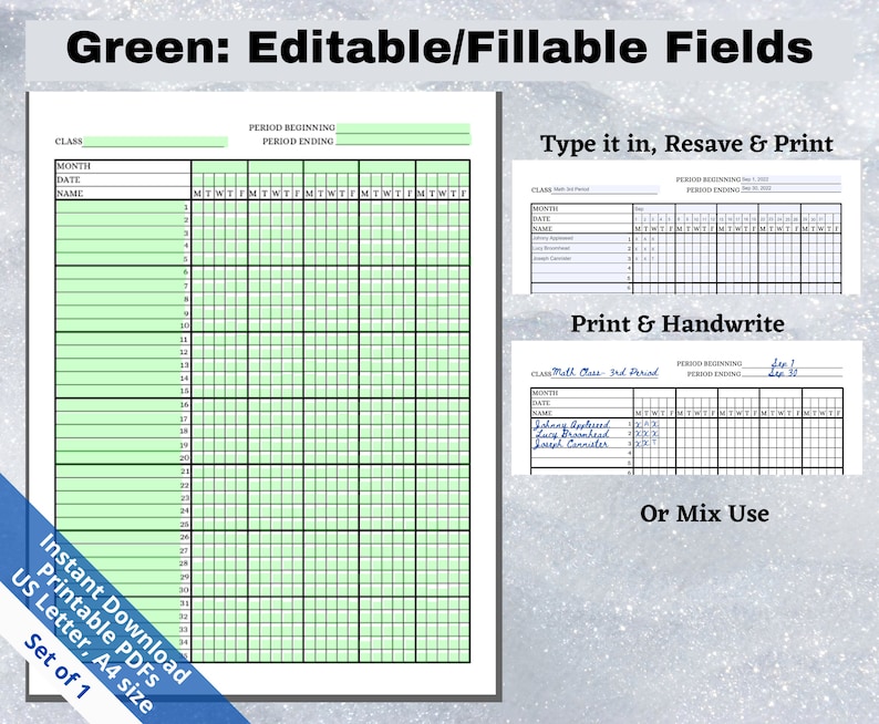 Printable Class Record PDF, Editable Attendance Log, Fillable ...