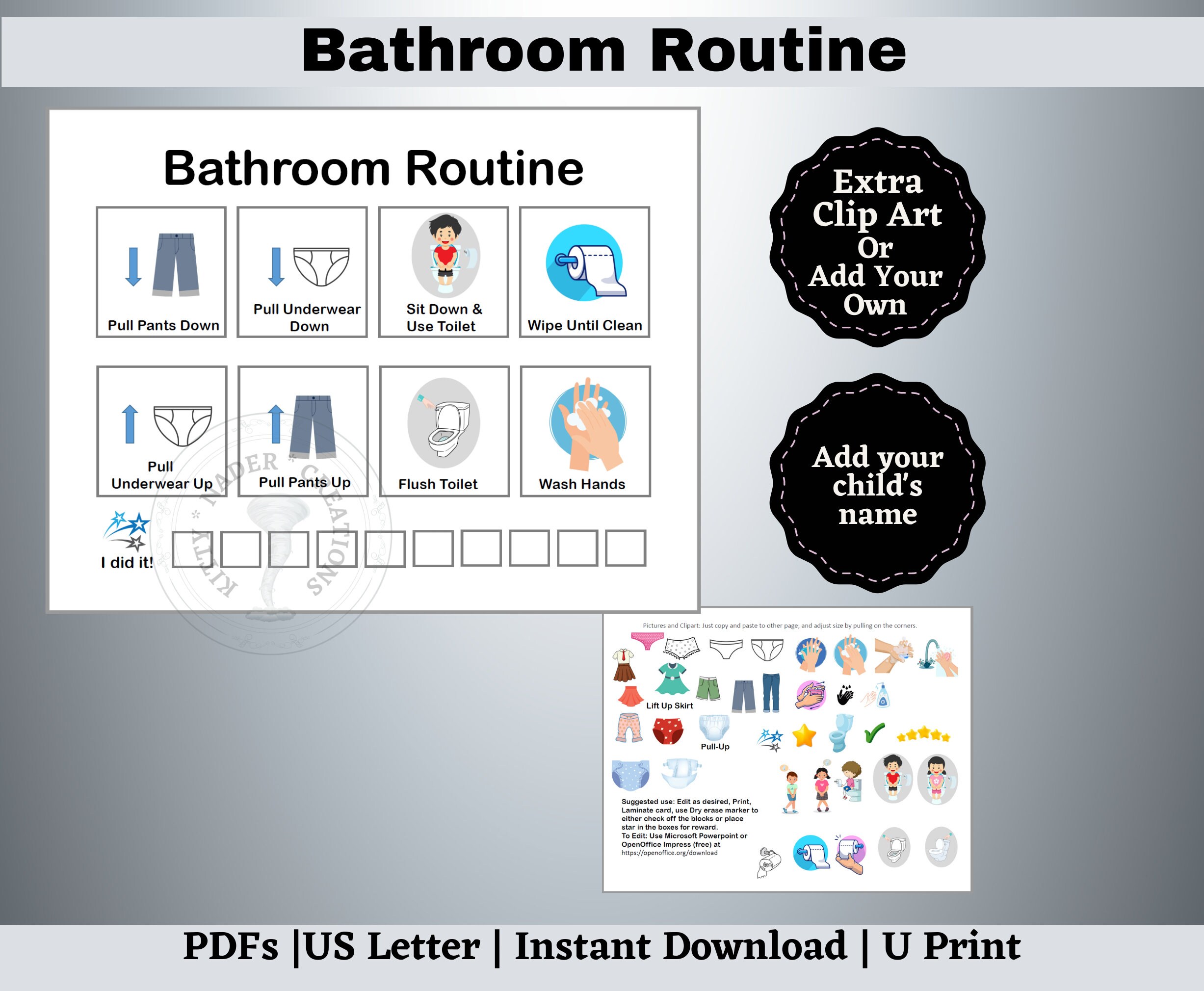 Bathroom Routine Reward Chart for Boy Girl Kids, Personalize PRINTABLE ...