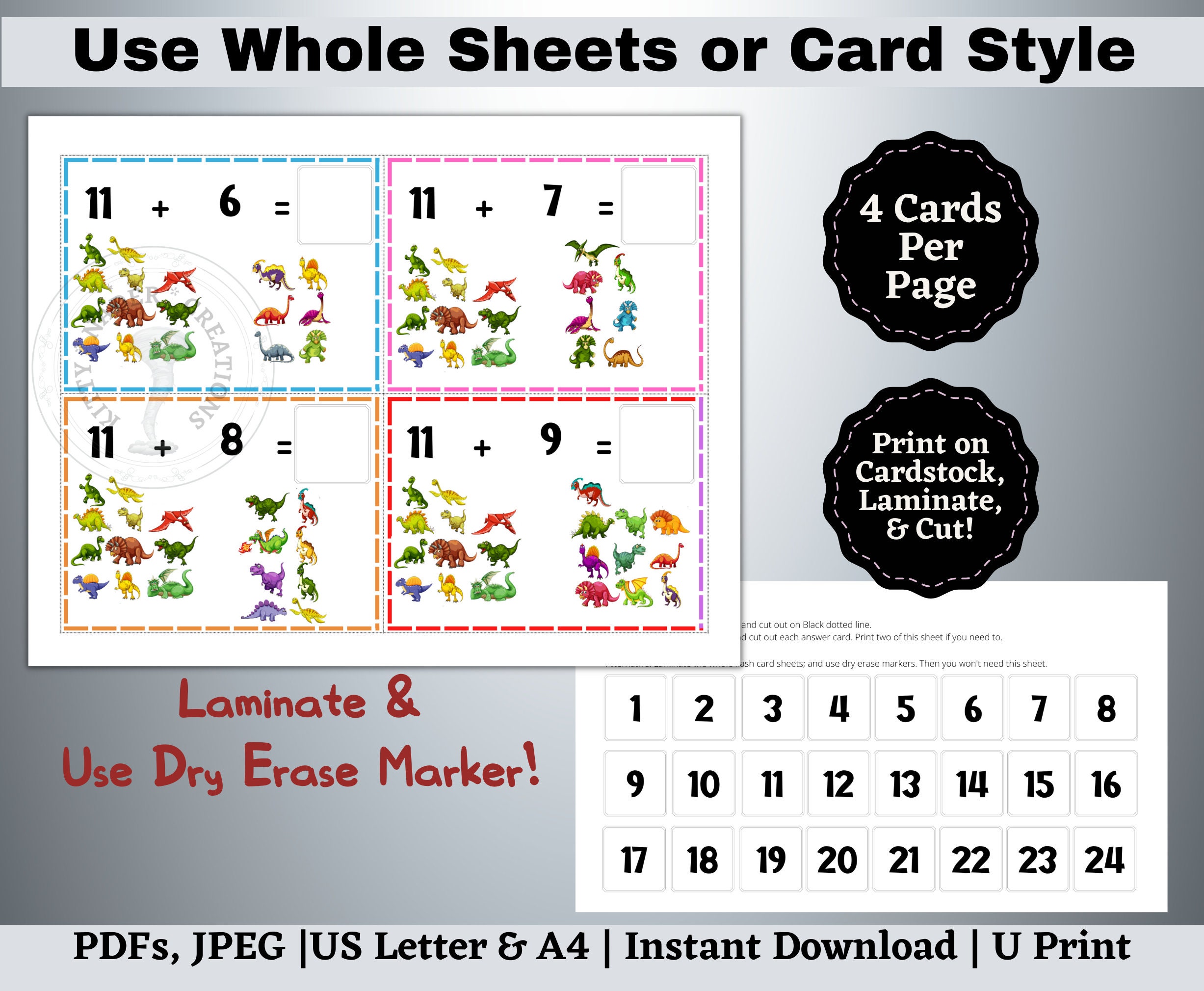 Visual Addition Flash Cards PRINTABLE, Dinosaurs, Add up to 12, Visual ...
