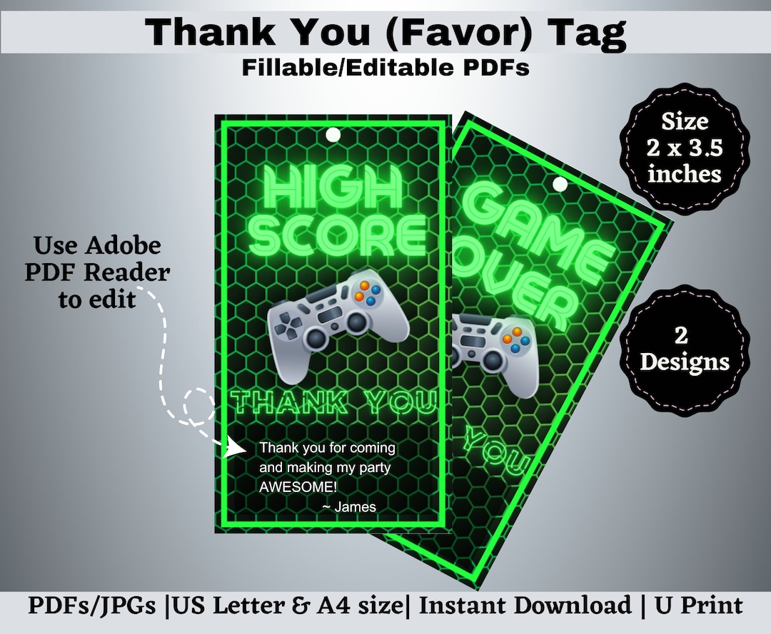 Gamer Party Thank You Card Printable, Video Game Truck Party, Editable ...