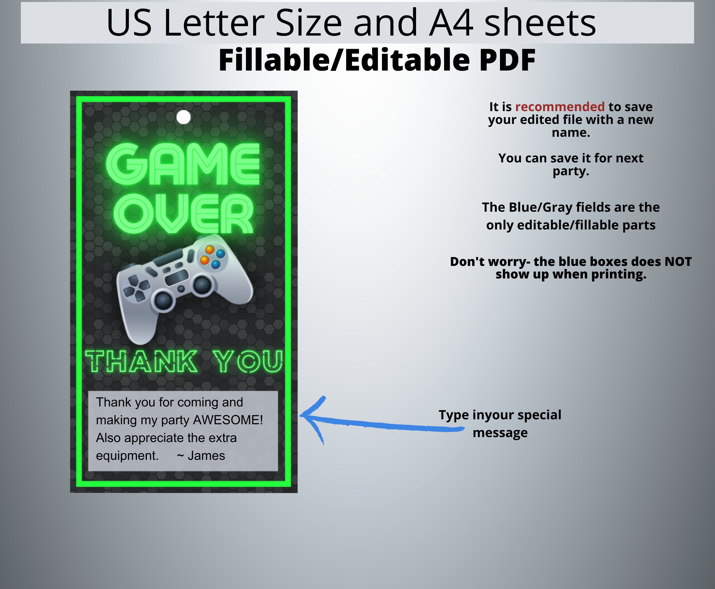 Gamer Party Thank You Card: Editable Video Game Tag (PDF) - Etsy