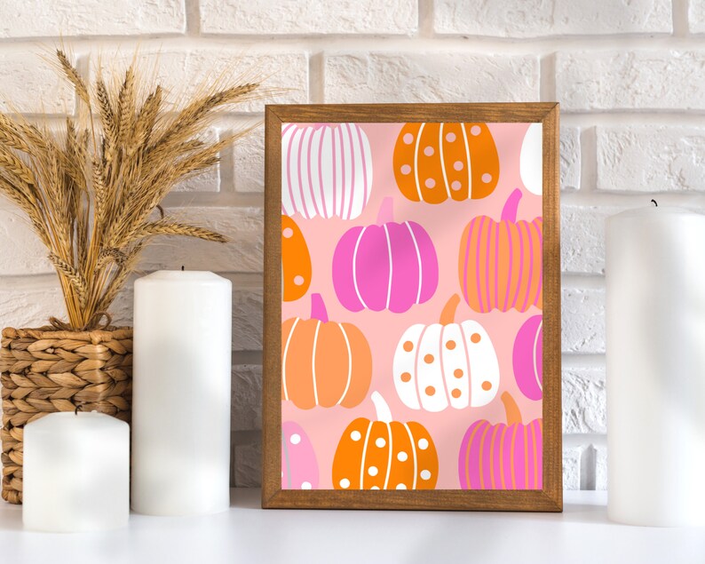 Printable Fall Wall Art Preppy Girly Orange Pink Pumpkins Pattern ...