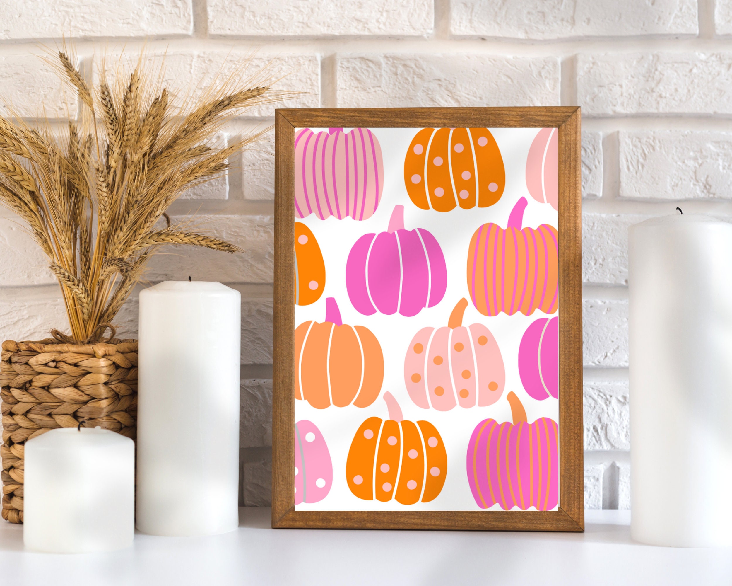Printable Fall Wall Art Preppy Girly Orange Pink Pumpkins Pattern ...