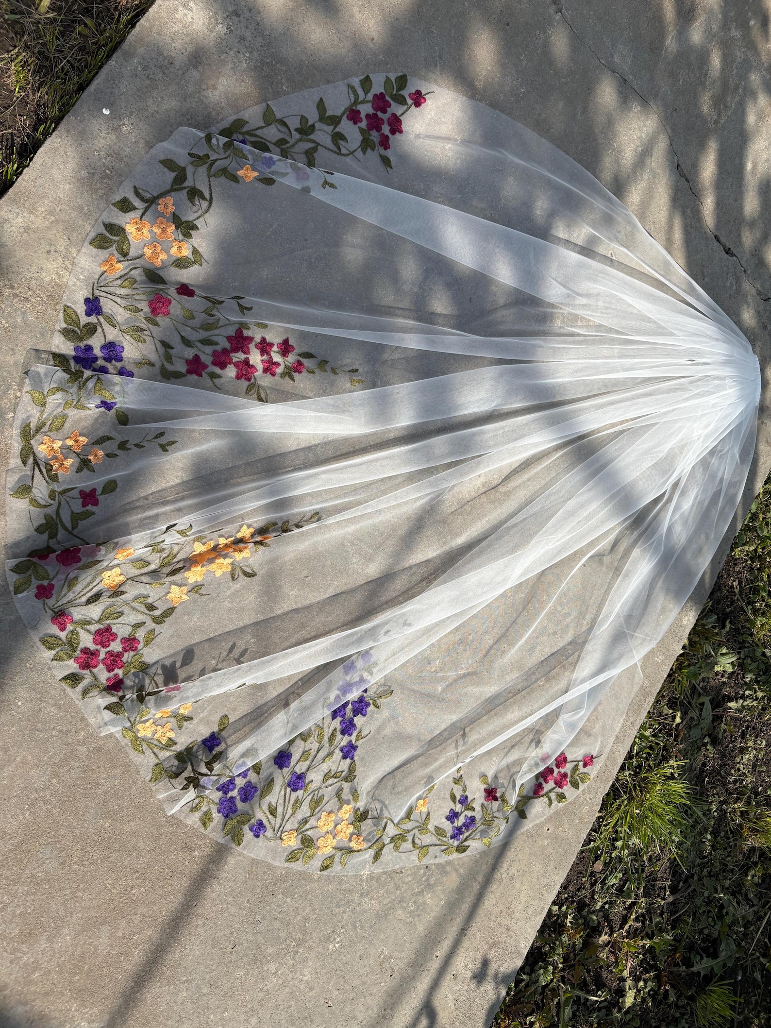 Colorful Floral Embroidered Wedding Veil | One Tier | Soft Tulle ...