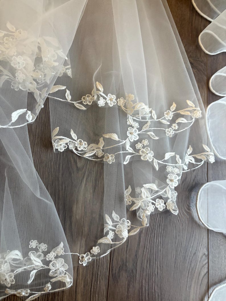 Romantic Two Tier Bridal Veil With Embroidered Floral Edge and Pearls ...