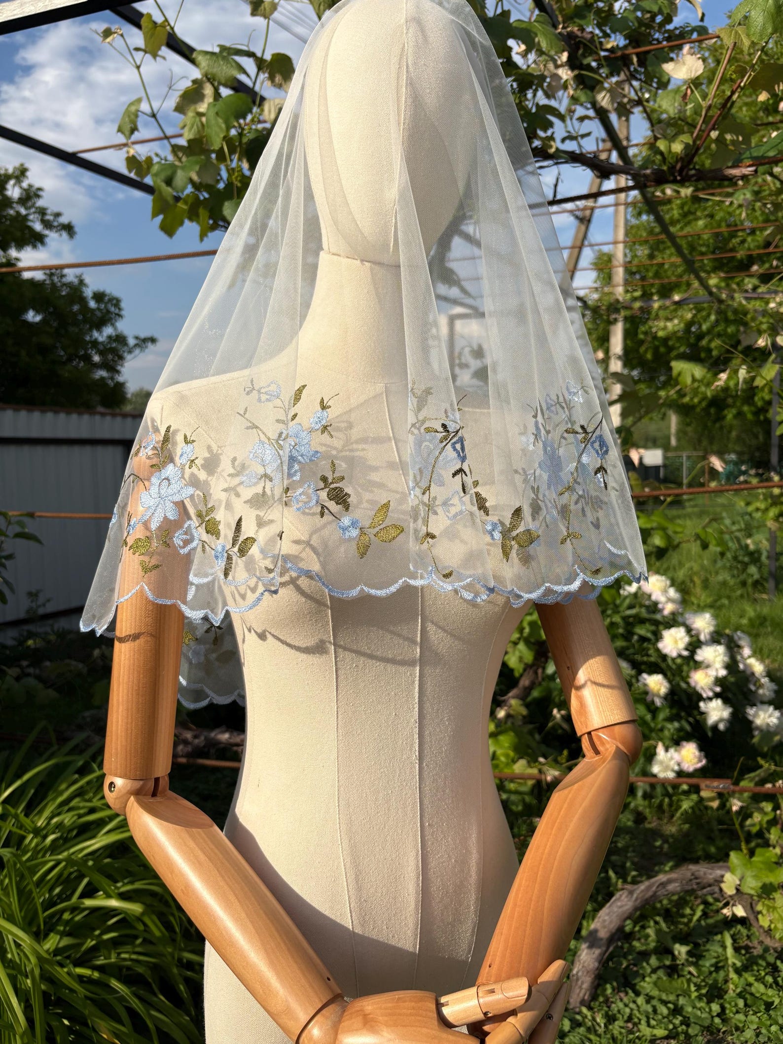 Blue Floral Embroidered Wedding Veil With Green Leaves | Multiple ...