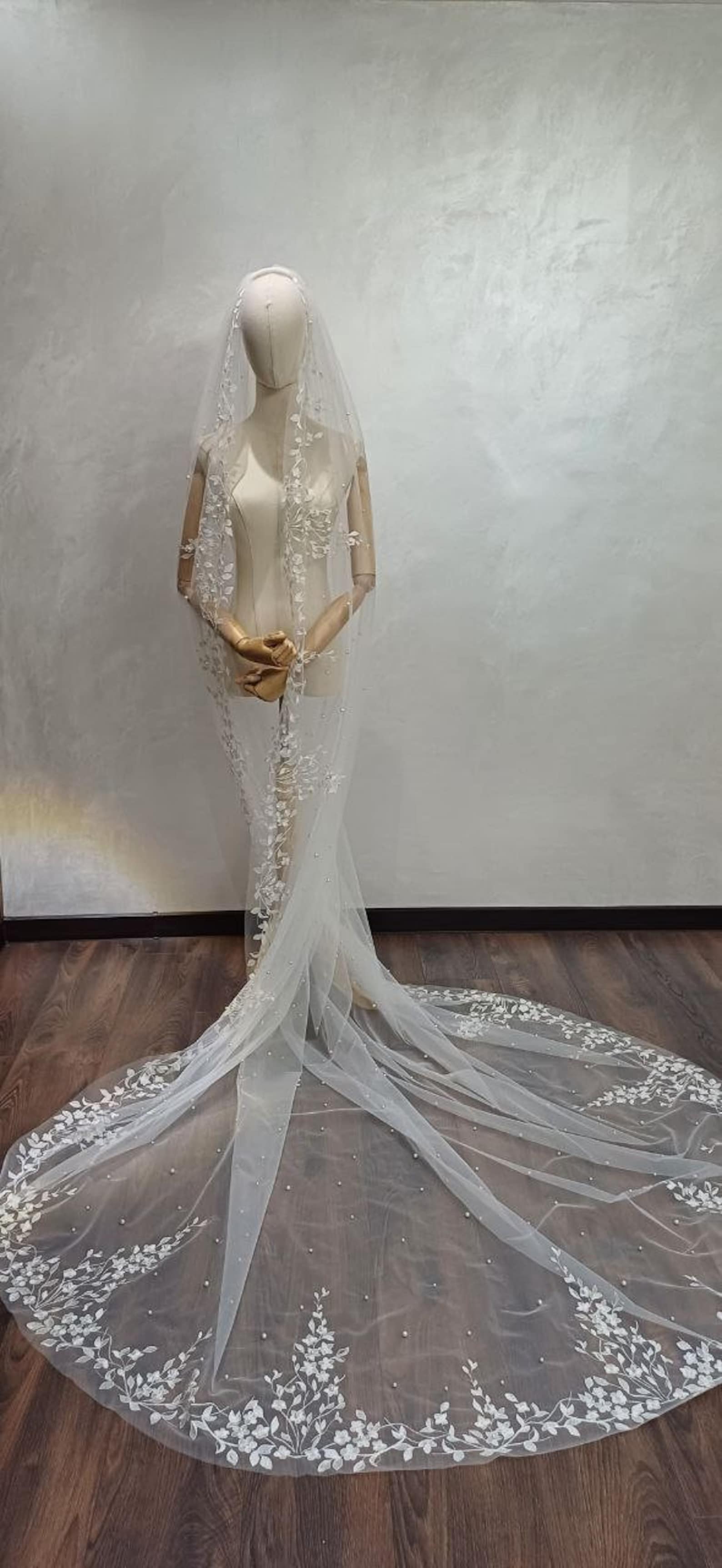 Beautiful Veil With Floral Lace Embroidery and Pearls Along the Entire ...