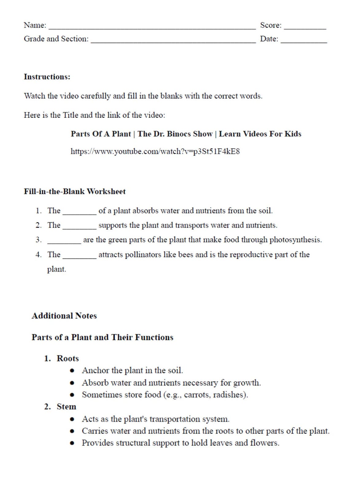 Parts of A Plant the Dr. Binocs Show Learn Videos for Kids Worksheet ...