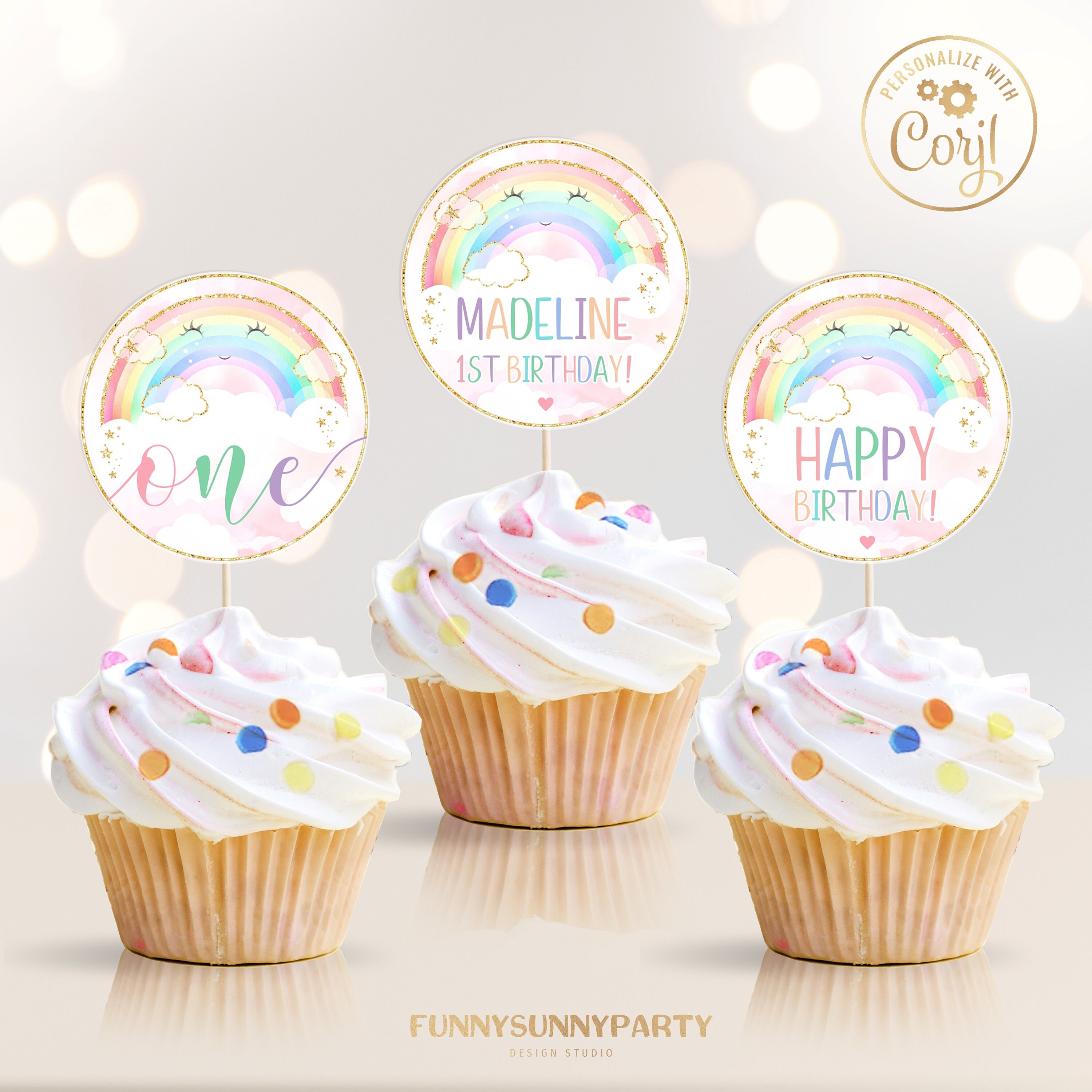 EDITABLE RAINBOW Birthday Party Round Cake Toppers. Printable 1st ...