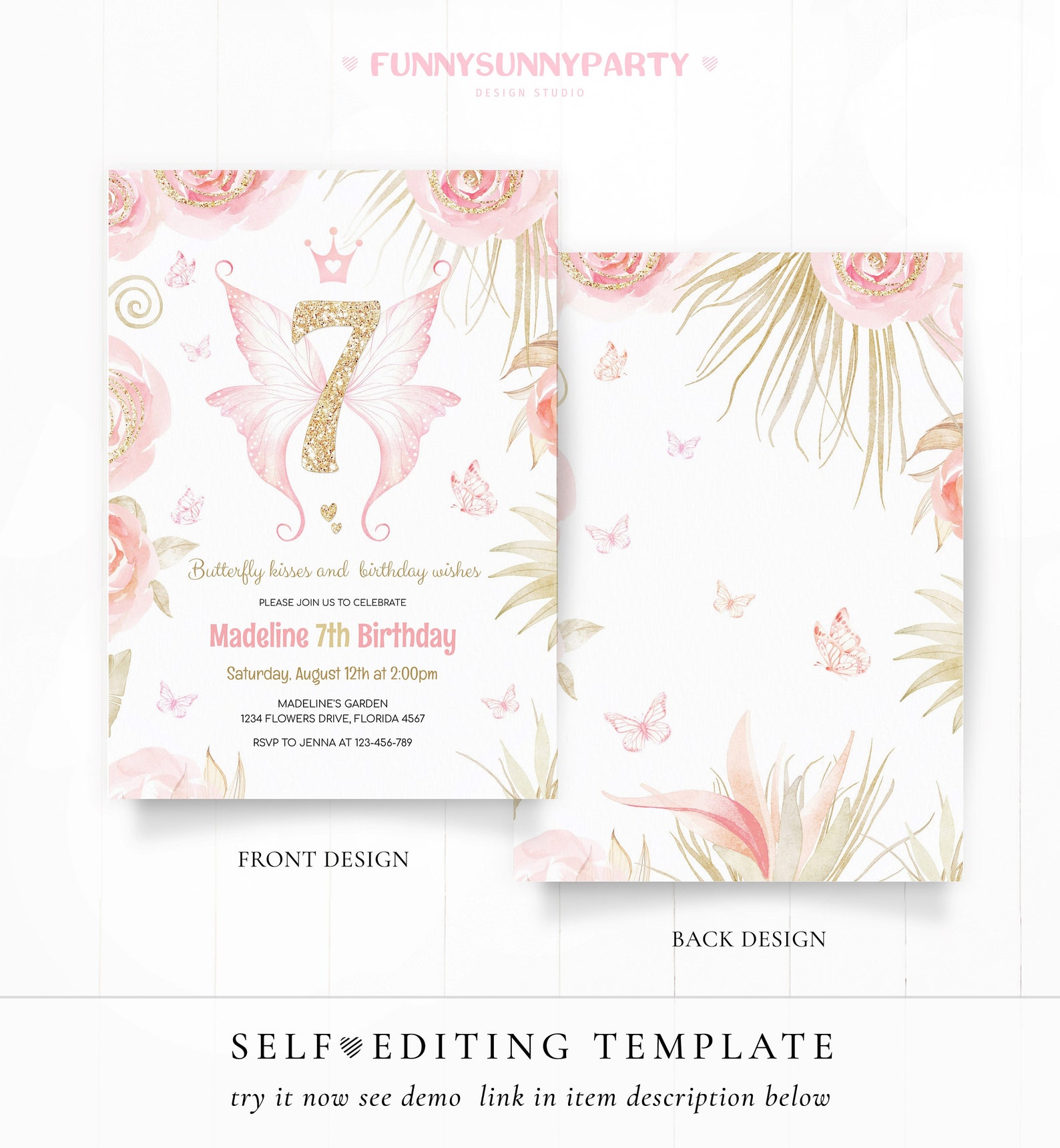 EDITABLE Pink Butterfly Invitation. Rose Garden Birthday Party ...