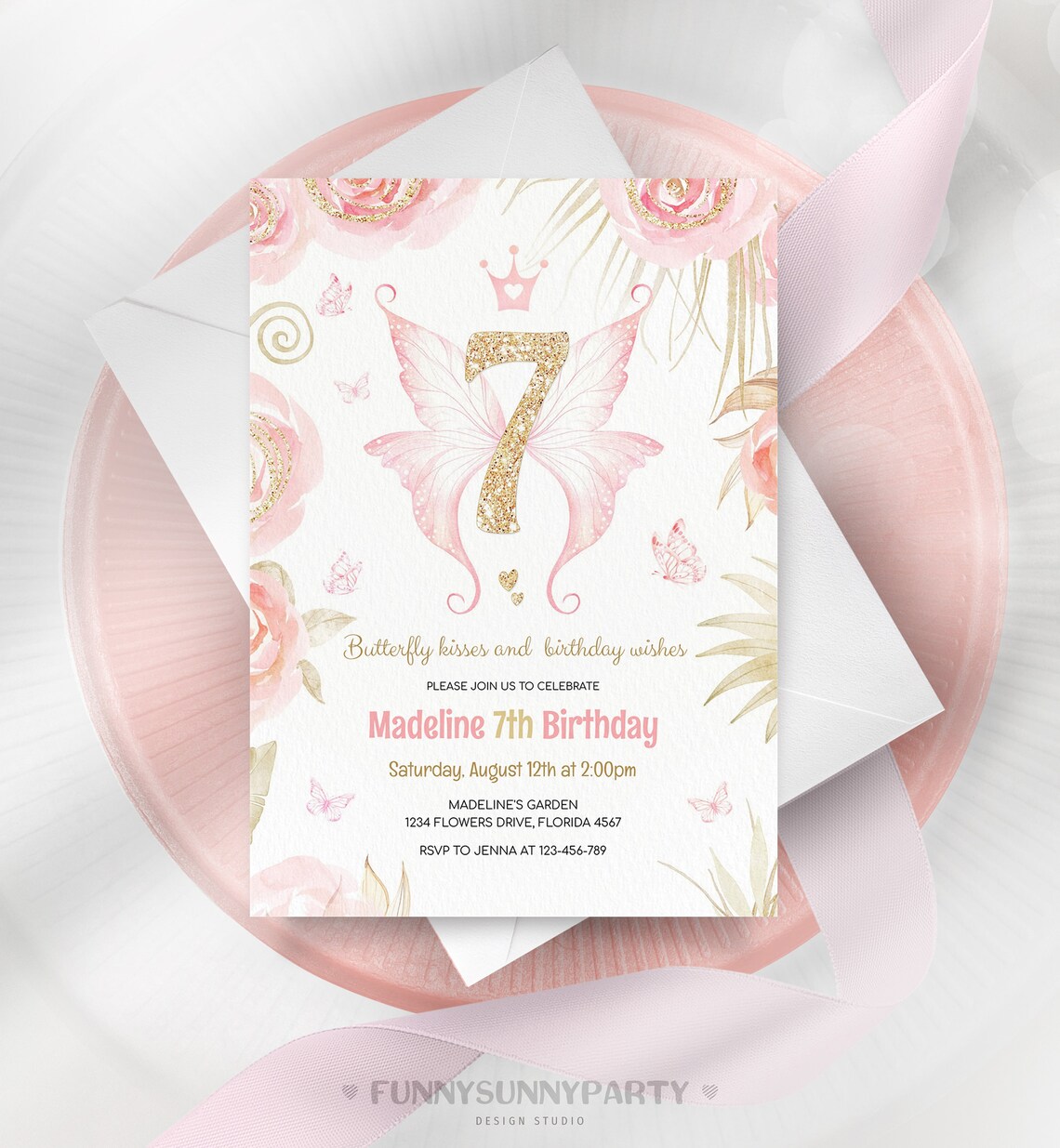 EDITABLE Pink Butterfly Invitation. Rose Garden Birthday Party ...