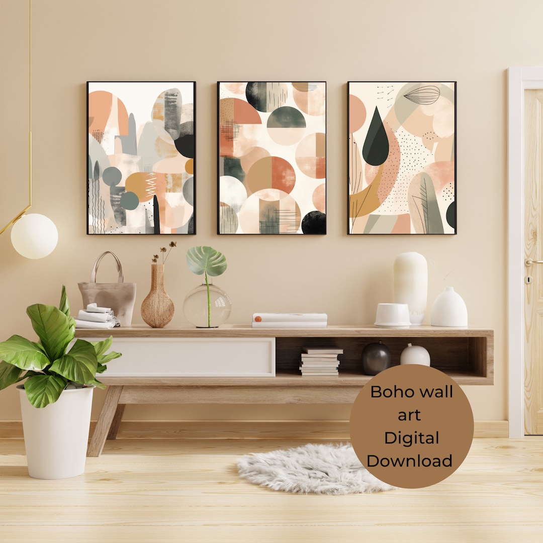 Boho Abstract Wall Art Prints, Set of 3 Prints, Boho Wall Art, Mid ...