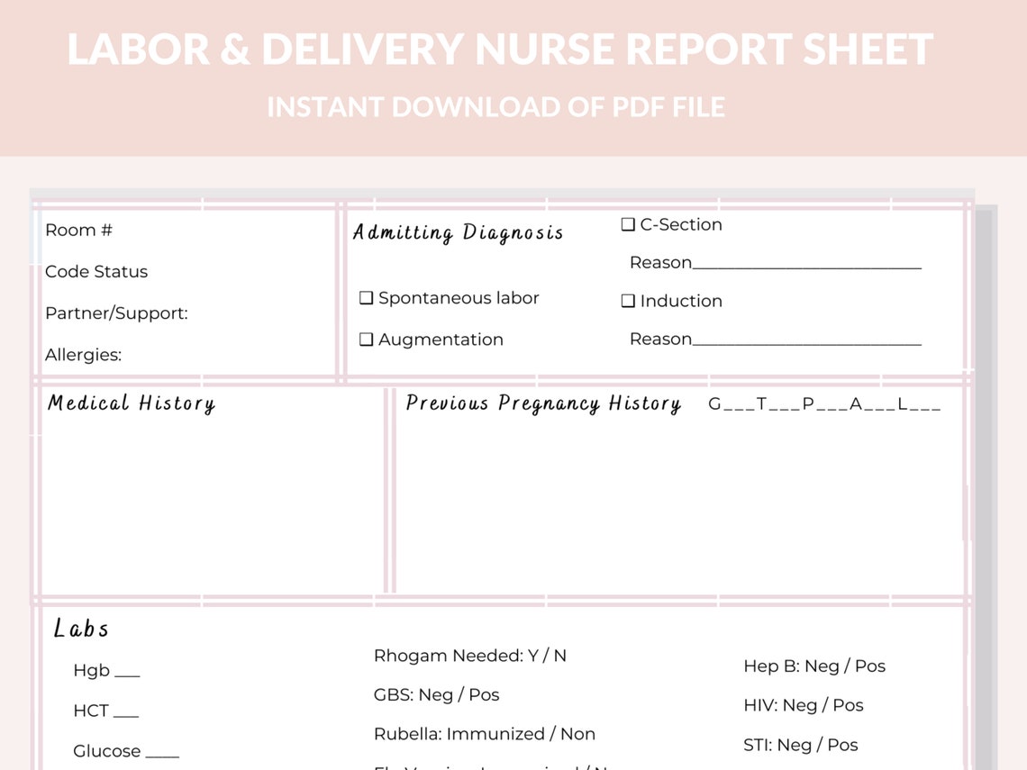 Labor & Delivery Nurse Report Sheet Brain Sheet Printable - Etsy