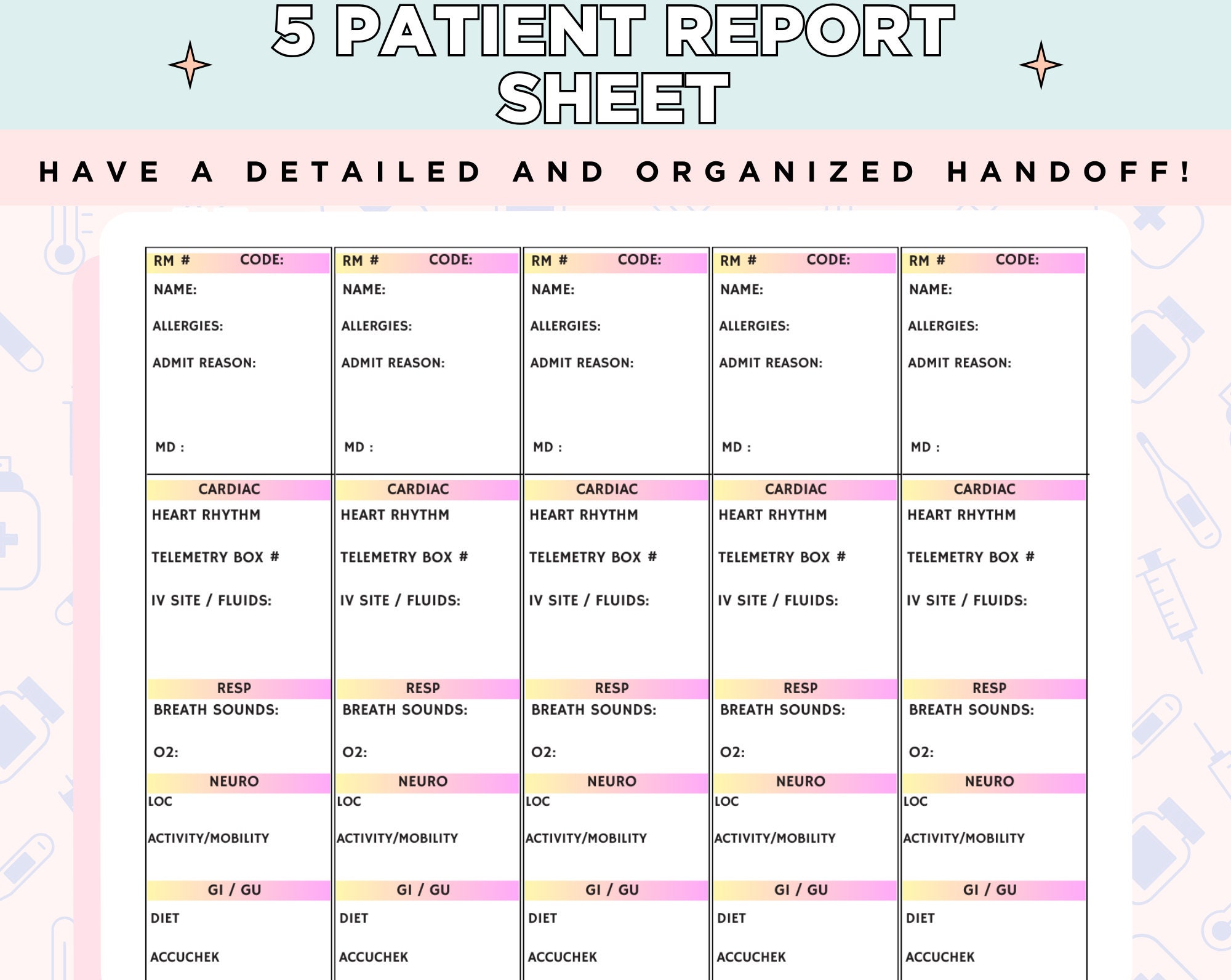 5 Patient Nurse Report Sheet, Brain Sheet Template, Med Surg, PCU, RN ...