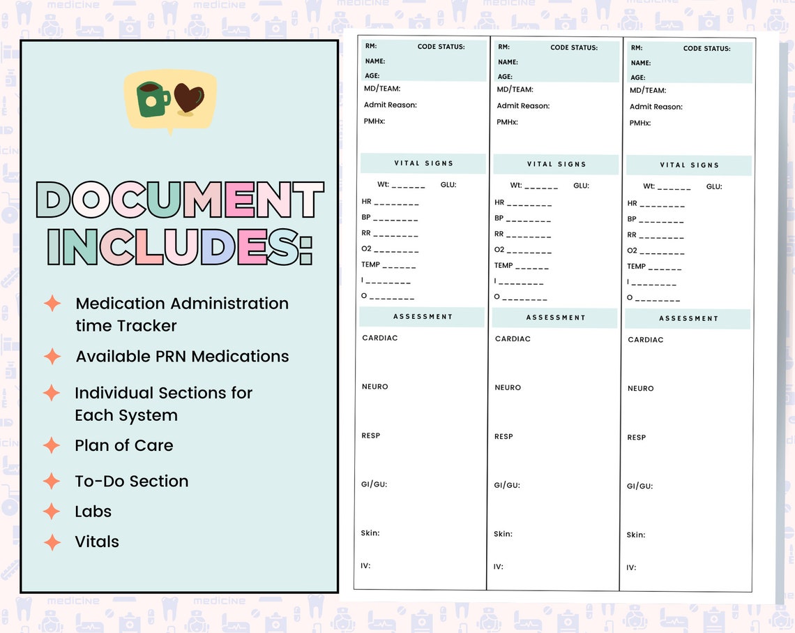 3 Patient Printable Nurse Report Sheet, Brain Sheet, Med Surg, PCU ...