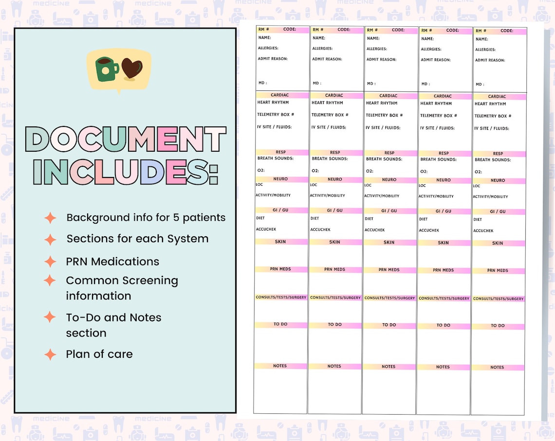 5 Patient Nurse Report Sheet, Brain Sheet Template, Med Surg, PCU, RN ...