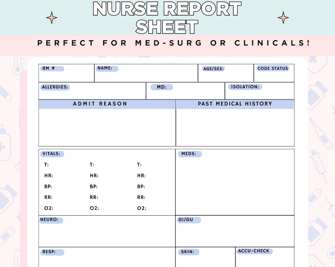 Nursing Student Printable Report Sheet Template, Brain Sheet, RN Report ...