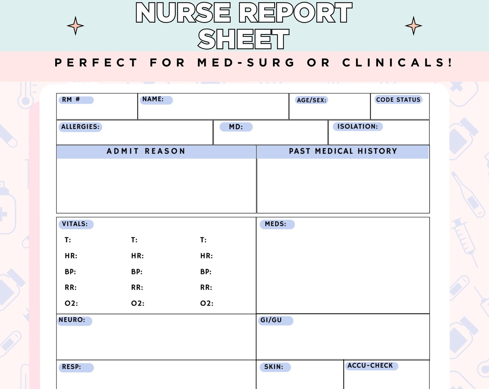 Nursing Student Printable Report Sheet Template Brain Sheet - Etsy