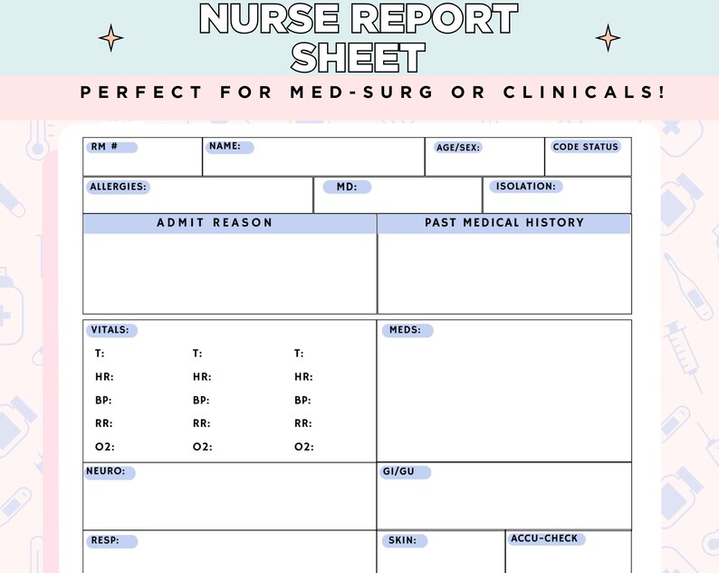 Nursing Student Printable Report Sheet Template, Brain Sheet, RN Report ...