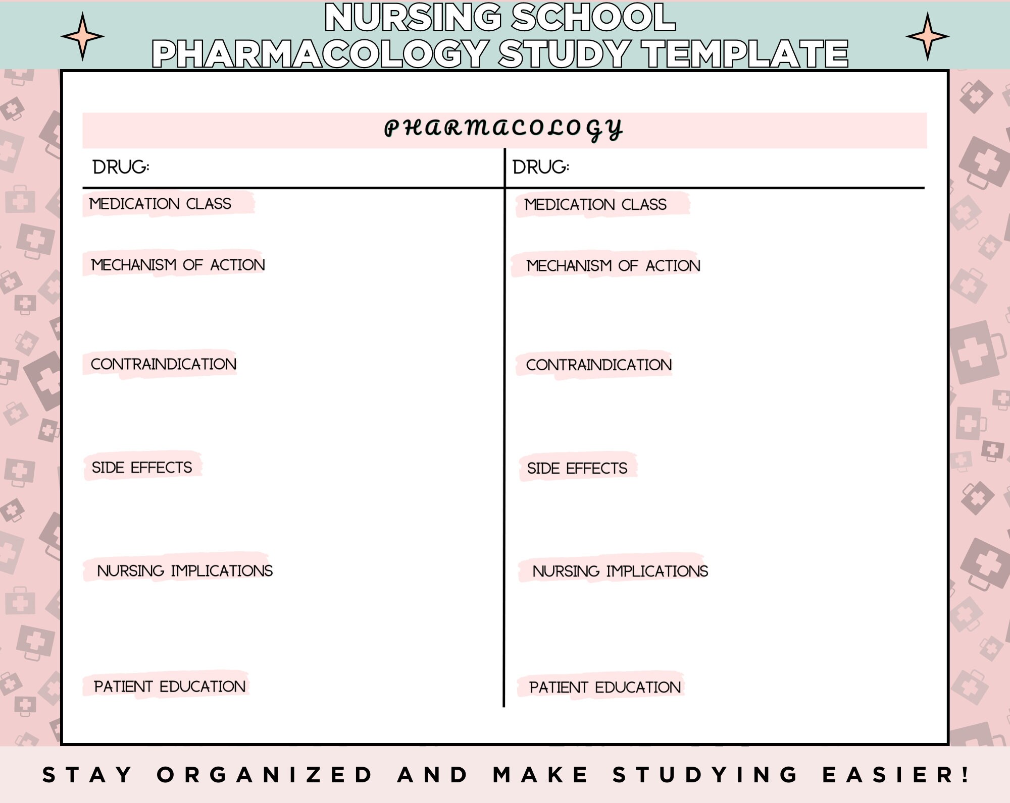 Nursing School Pharmacology Study Template, Printable Nursing School ...