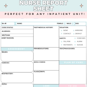 Med Surg Nurse Report Sheet Template, Printable Nurse Brain, PCU, ICU ...