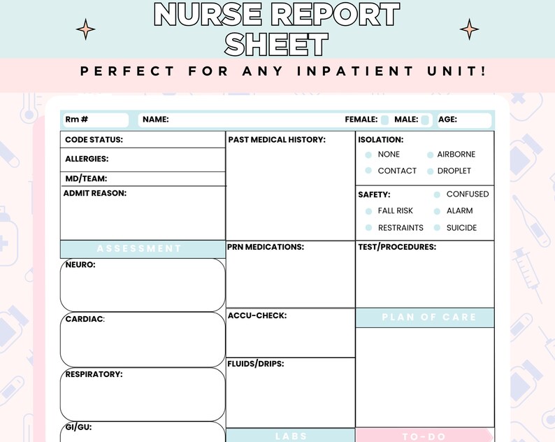 Med Surg Nurse Report Sheet Template, Printable Nurse Brain, PCU, ICU ...