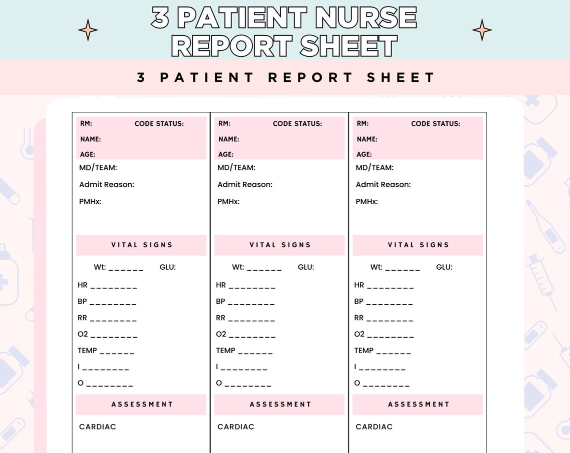 3 Patient Printable Nurse Report Sheet, Brain Sheet, Med Surg, PCU ...