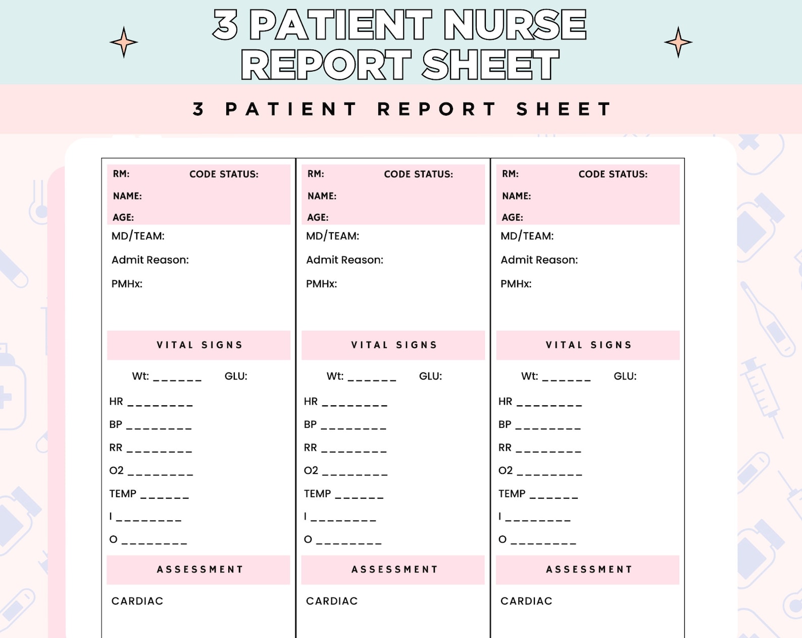 3 Patient Printable Nurse Report Sheet, Brain Sheet, Med Surg, PCU ...