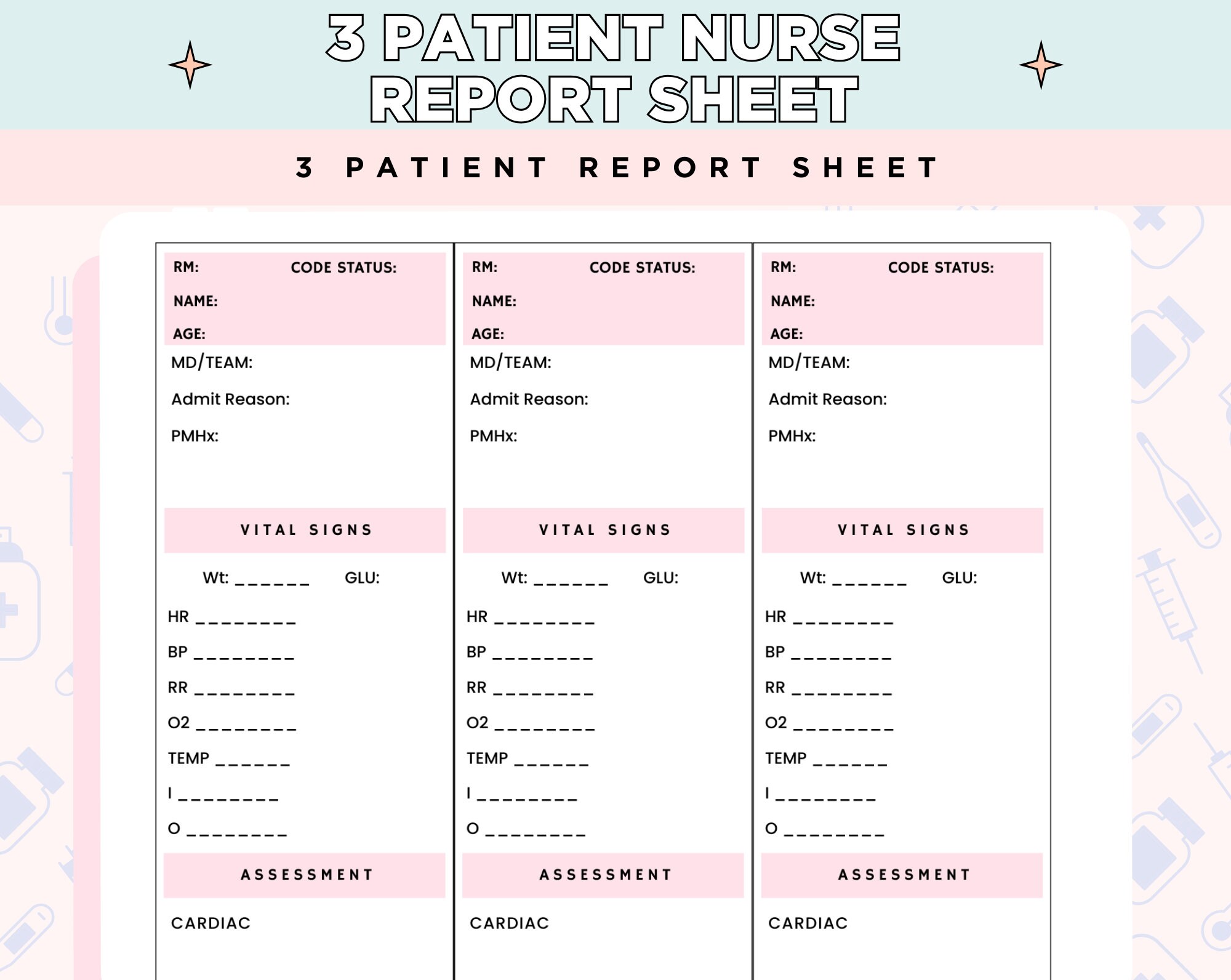 3 Patient Printable Nurse Report Sheet, Brain Sheet, Med Surg, PCU ...