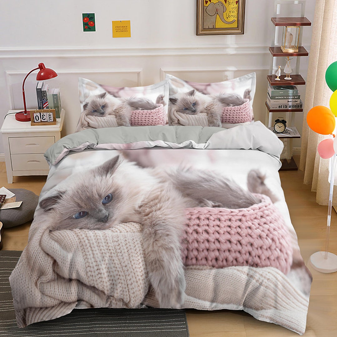 Cat Duvet Cover Set for Teens Adults3d Printed Blue Eyes Gray - Etsy ...