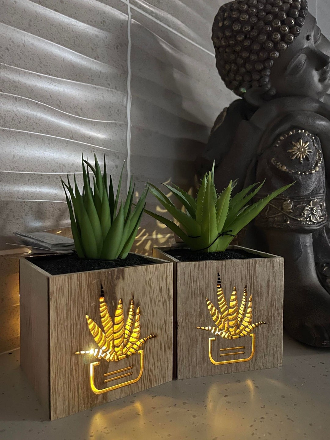 Deco Succulent in Wooden Pot With Plant Pattern & LED Home Deco Flowers ...