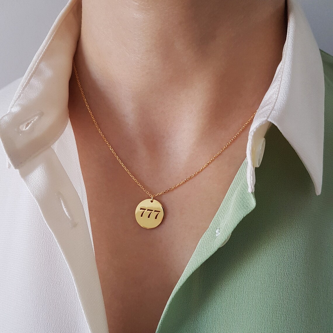 14k Gold Disc Necklace, Silver Angel Number Necklace With Silver Chain ...
