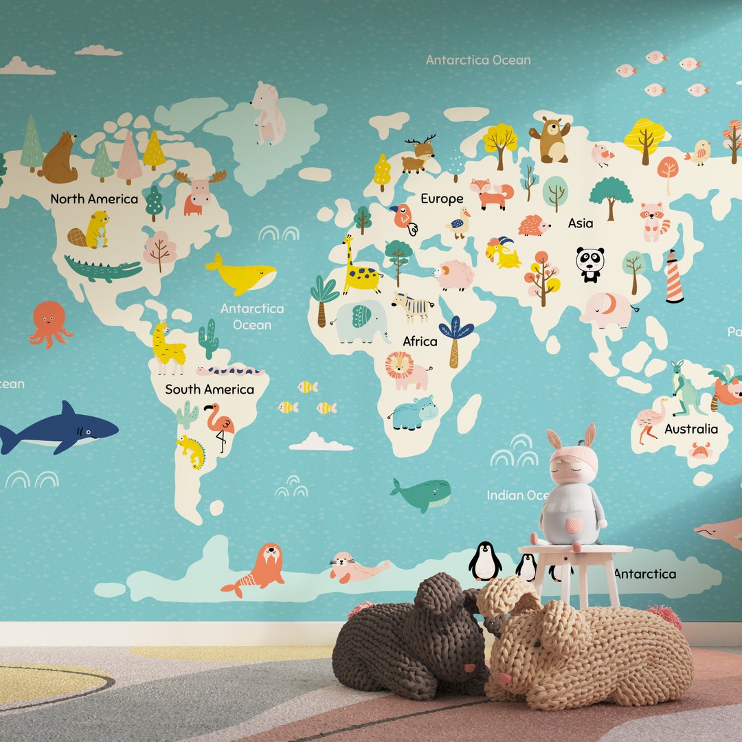 World Map Kids Wallpaper, Continents Wall Mural for Kids | Educational ...