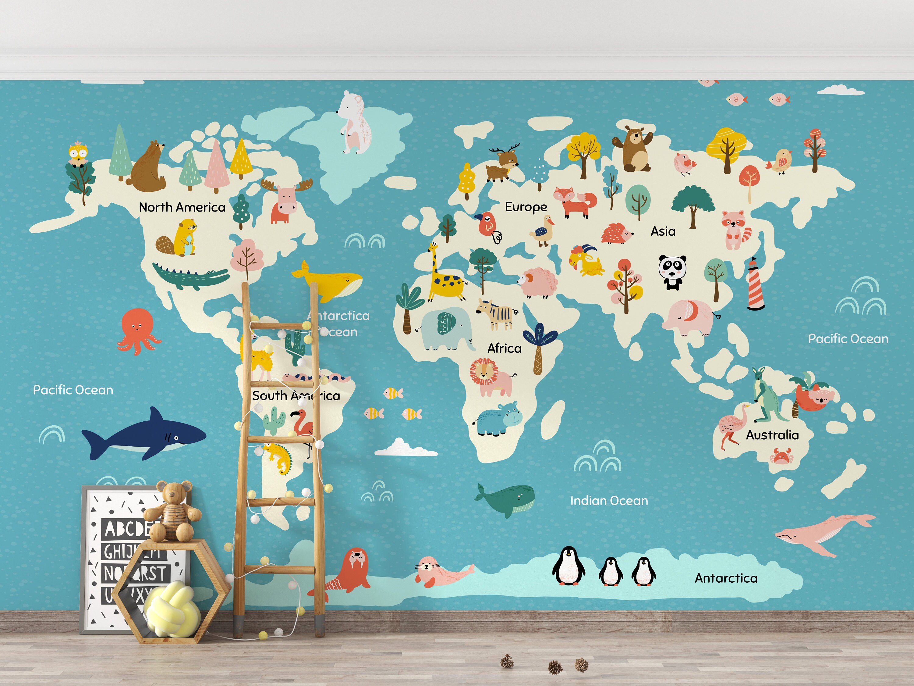 World Map Kids Wallpaper, Continents Wall Mural for Kids | Educational ...