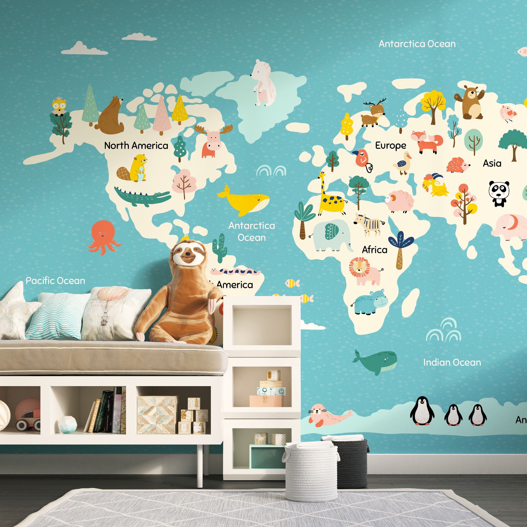 World Map Kids Wallpaper, Continents Wall Mural for Kids | Educational ...
