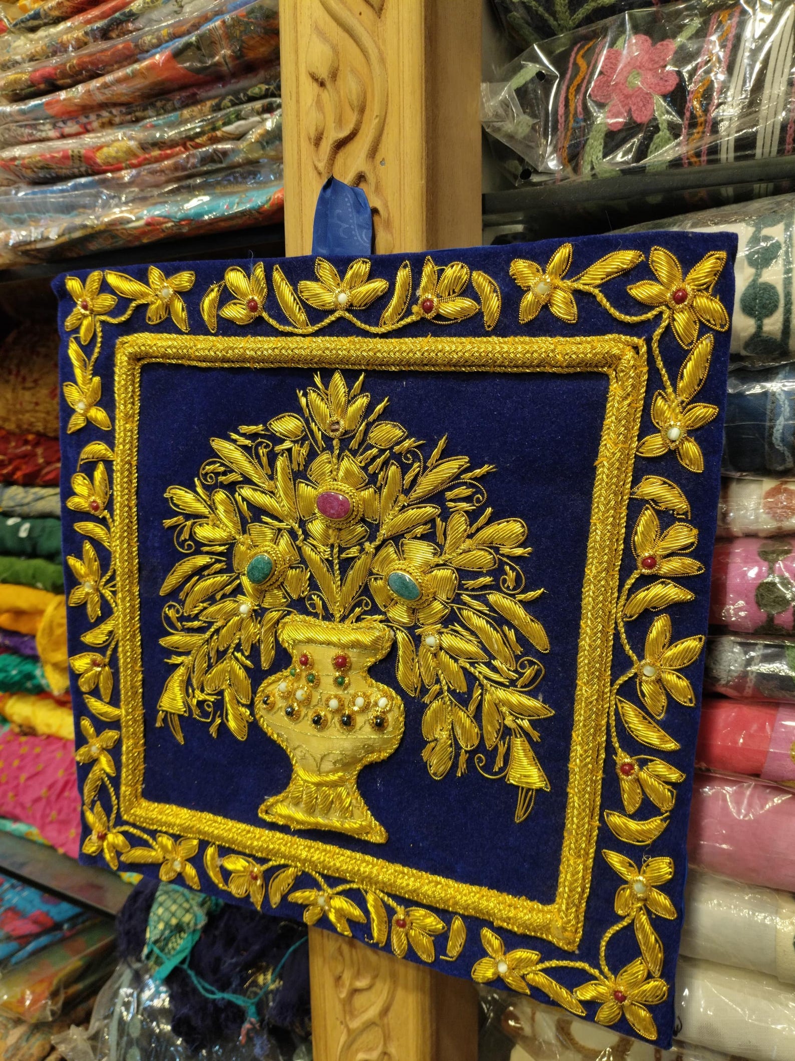 Zari Embroidered Velvet Wall Hanging: Jewel Vase Floral Art - Etsy