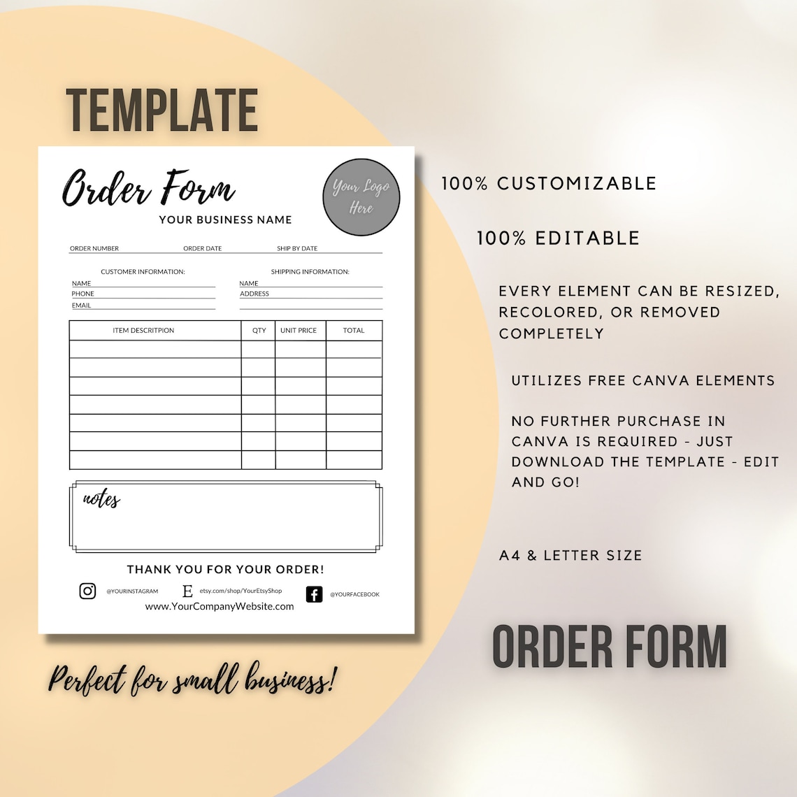 Canva Order Form Template | Small Business Printable & Customizable ...