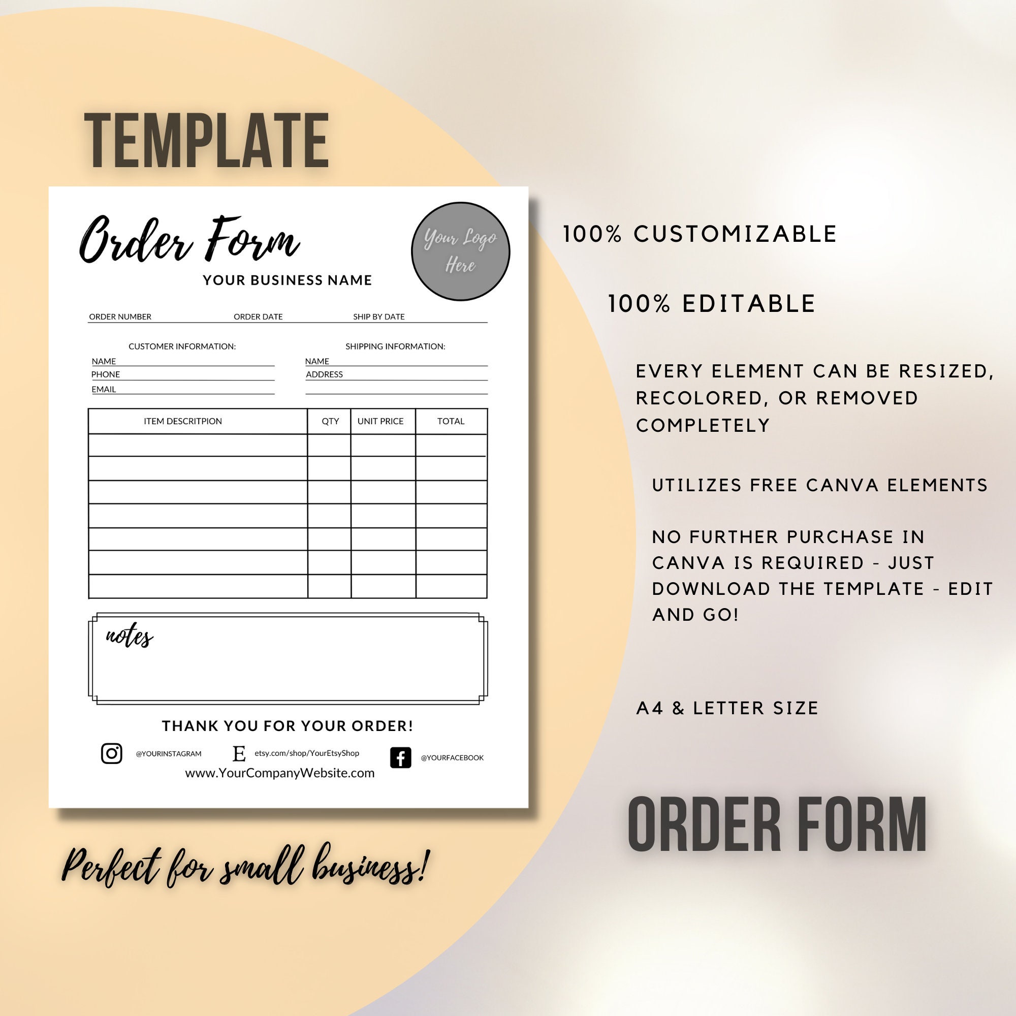 Canva Order Form Template | Small Business Printable & Customizable ...